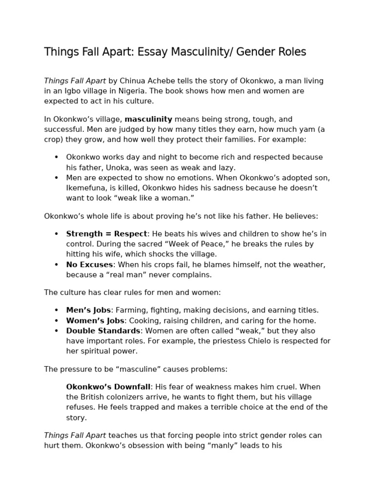 Things Fall Apart: Essay Masculinity/ Gender Roles | PDF