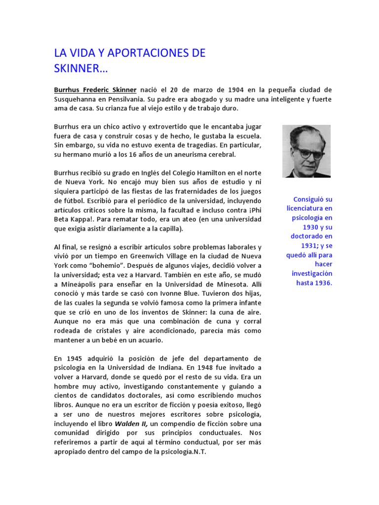 La Vida y Aportaciones de Skinner | PDF | Sicología | Conceptos ...