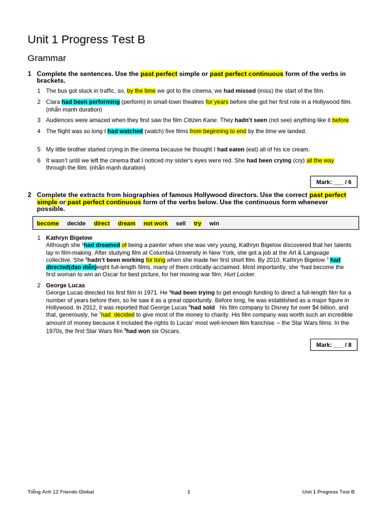 Tiếng Anh 12 Friends Global - Unit 1 - Progress - Test - B Copy 2 | PDF