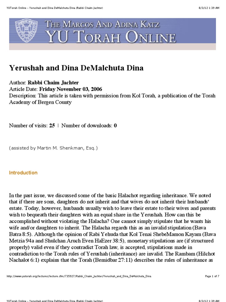 Yerushah and Dina DeMalchuta Dina - Rabbi Chaim Jachter - YU Torah ...