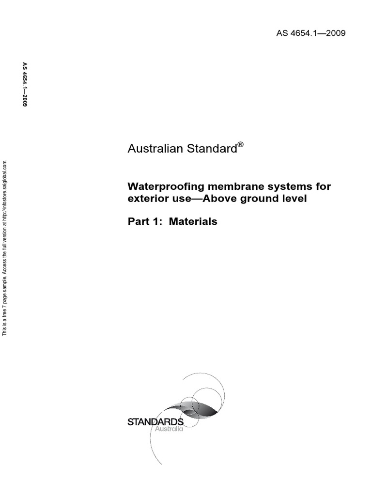 As 4654.1-2009 Waterproofing Membrane Systems For Exterior Use - Above ...