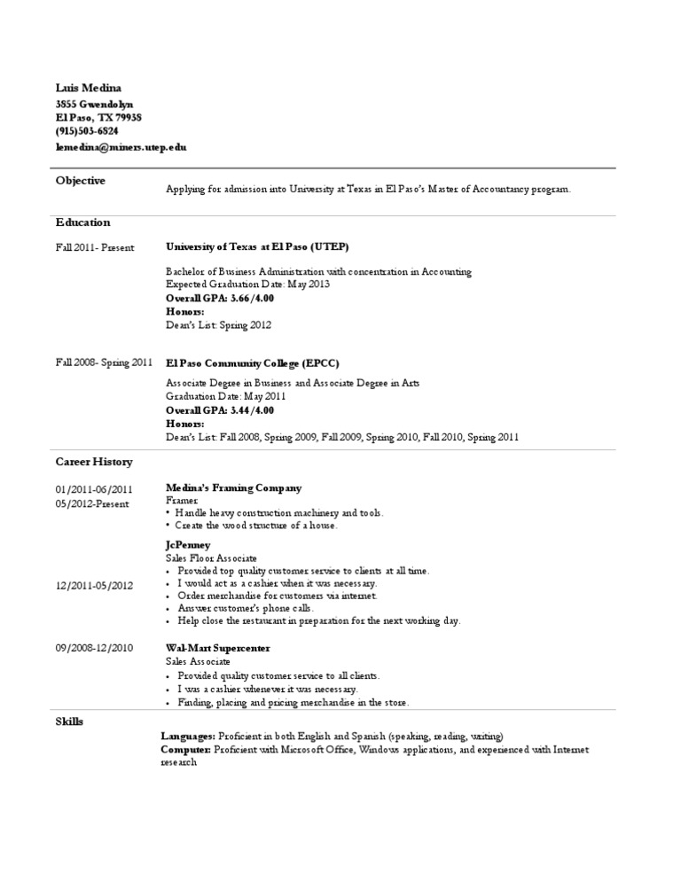 UTEP Master of Accountancy Application Resume | PDF | Career & Growth ...