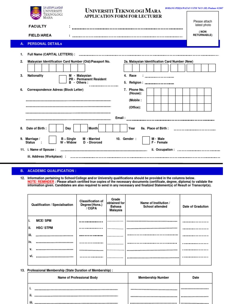 Applicationform Academic Uitm | PDF | Identity Document | Government
