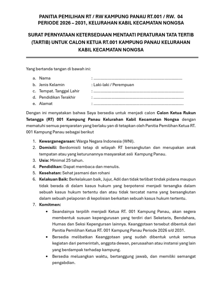 Surat Fomulir Ketersediaan Menjadi Ketua RT 001 Kp. Panau | PDF