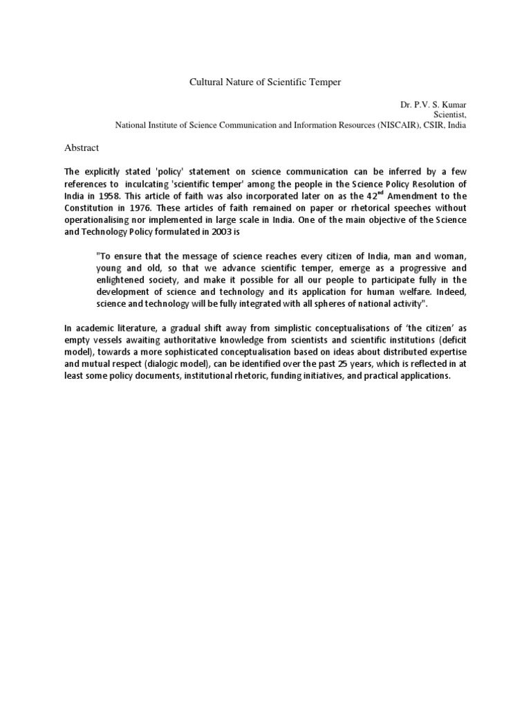 Promoting Scientific Temper in India | PDF | World View | Science
