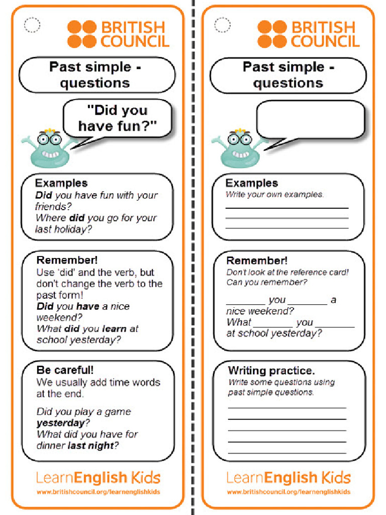 Grammar Practice Reference Card Past Simple Questions | PDF