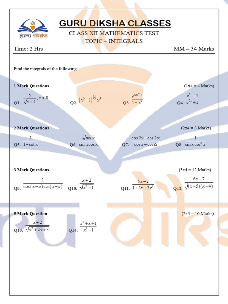 Class 12 Integrals Test Type 1 To 5 - Watermark | PDF