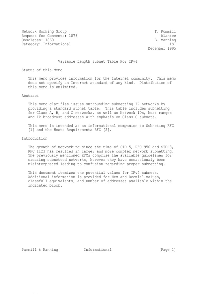 RFC 1878 | PDF | Ip Address | Internet Standards