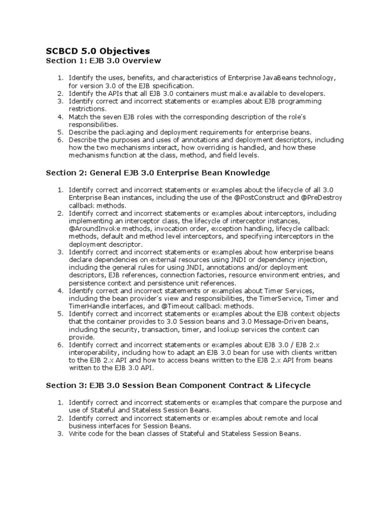 SCBCD 5.0 Objectives: Section 1: EJB 3.0 Overview | PDF | Enterprise Java Beans | Computer ...