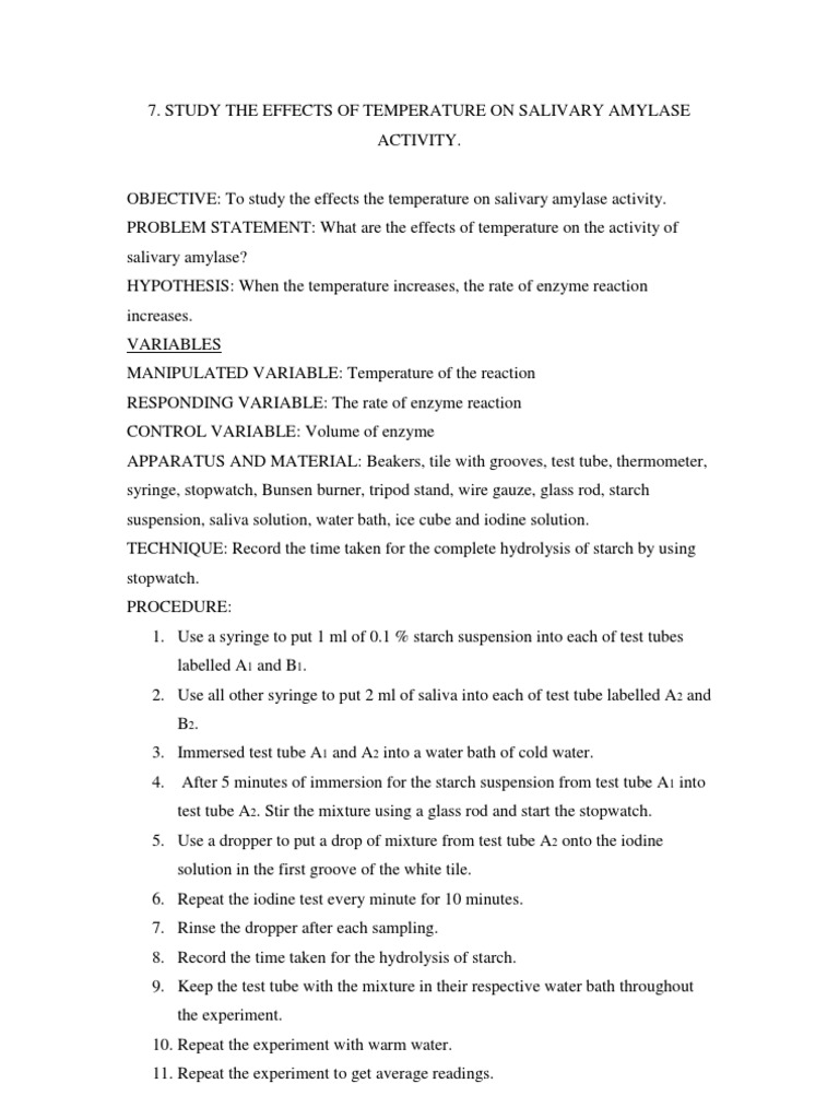 Temperature Effects on Salivary Amylase | PDF | Experiment | Temperature