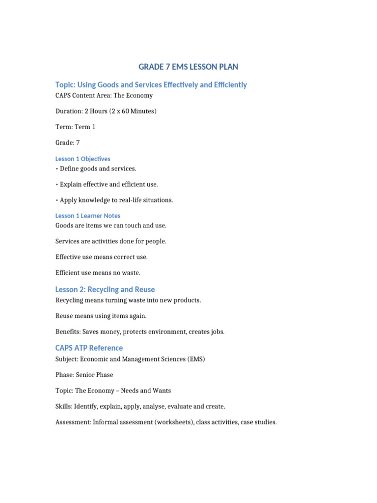 Grade 7 EMS Lesson Plan Goods Services | PDF