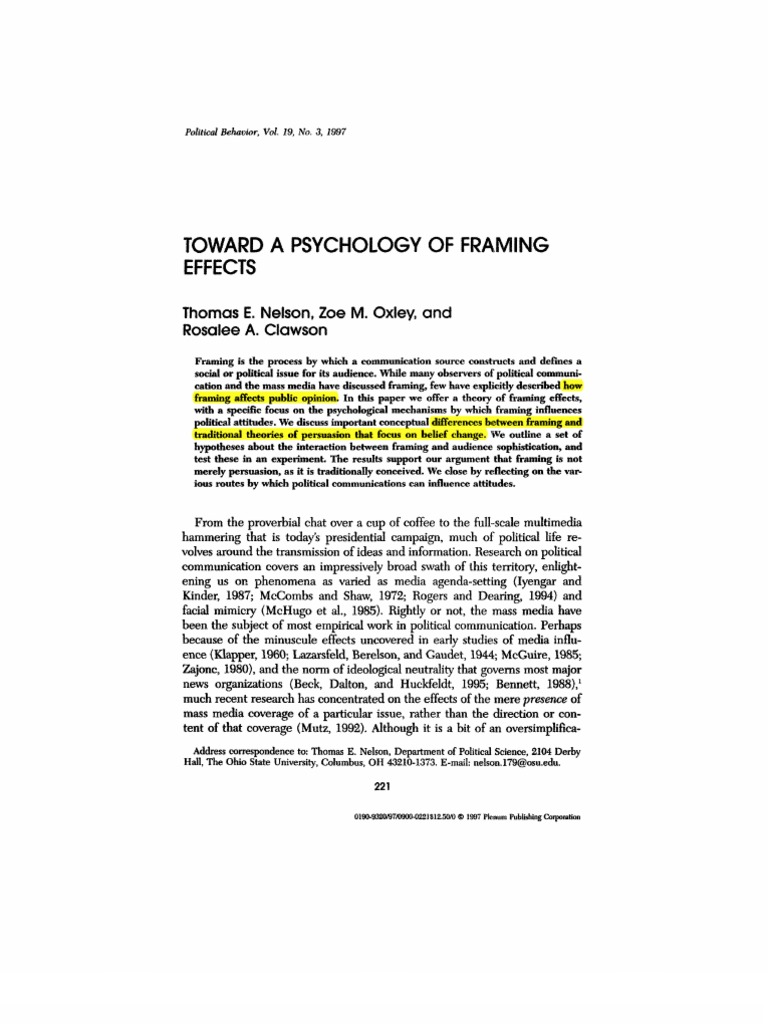 Nelson Et Al. - Psychology of Framing Effects - 1997 | PDF | Framing ...
