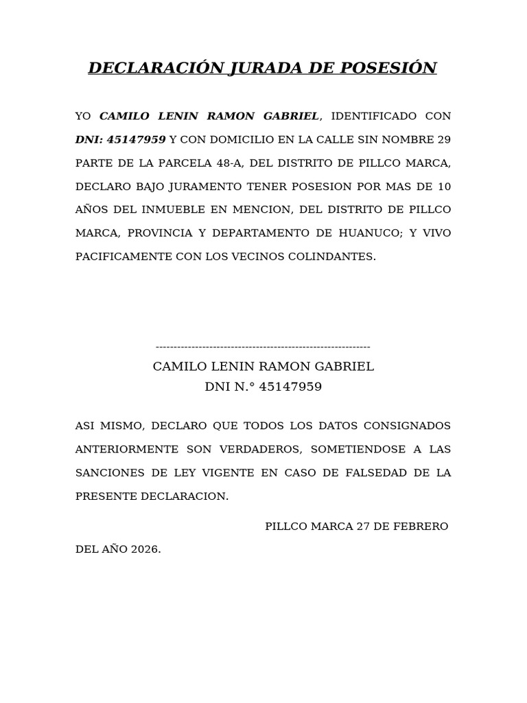 Declaración Jurada de Posesión Camilo Lenin Ramon Gabriel | PDF