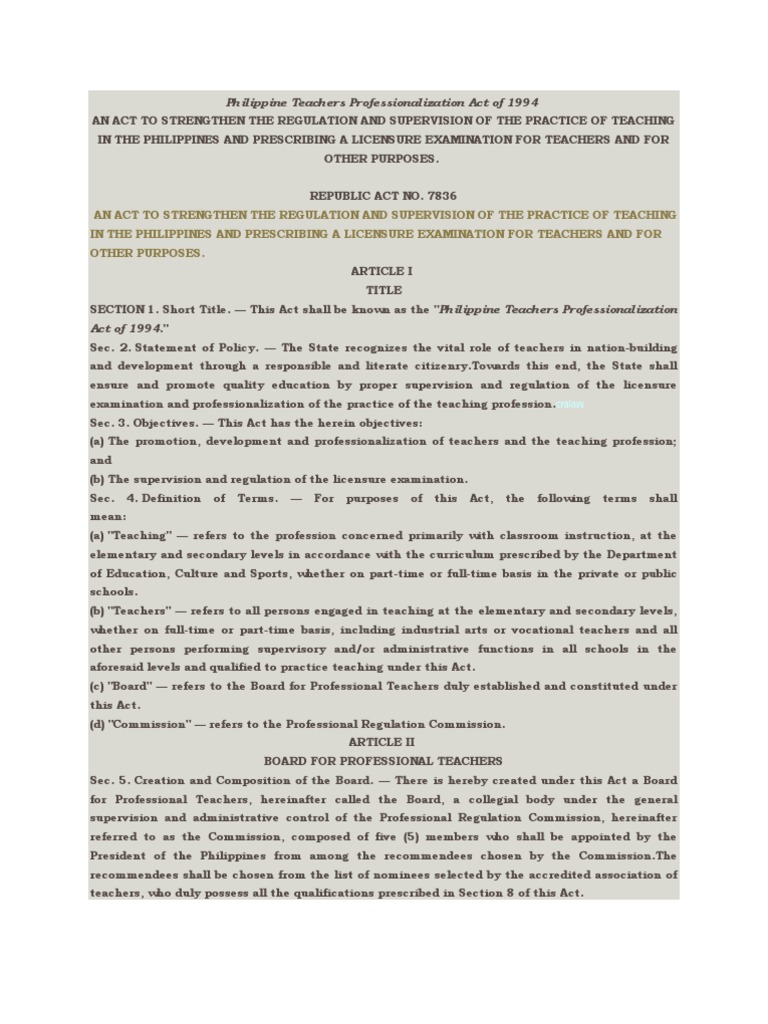 Philippine Teachers Professionalization Act | PDF | Licensure ...