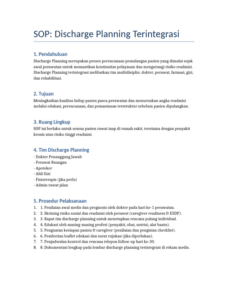 SOP Discharge Planning Terintegrasi | PDF