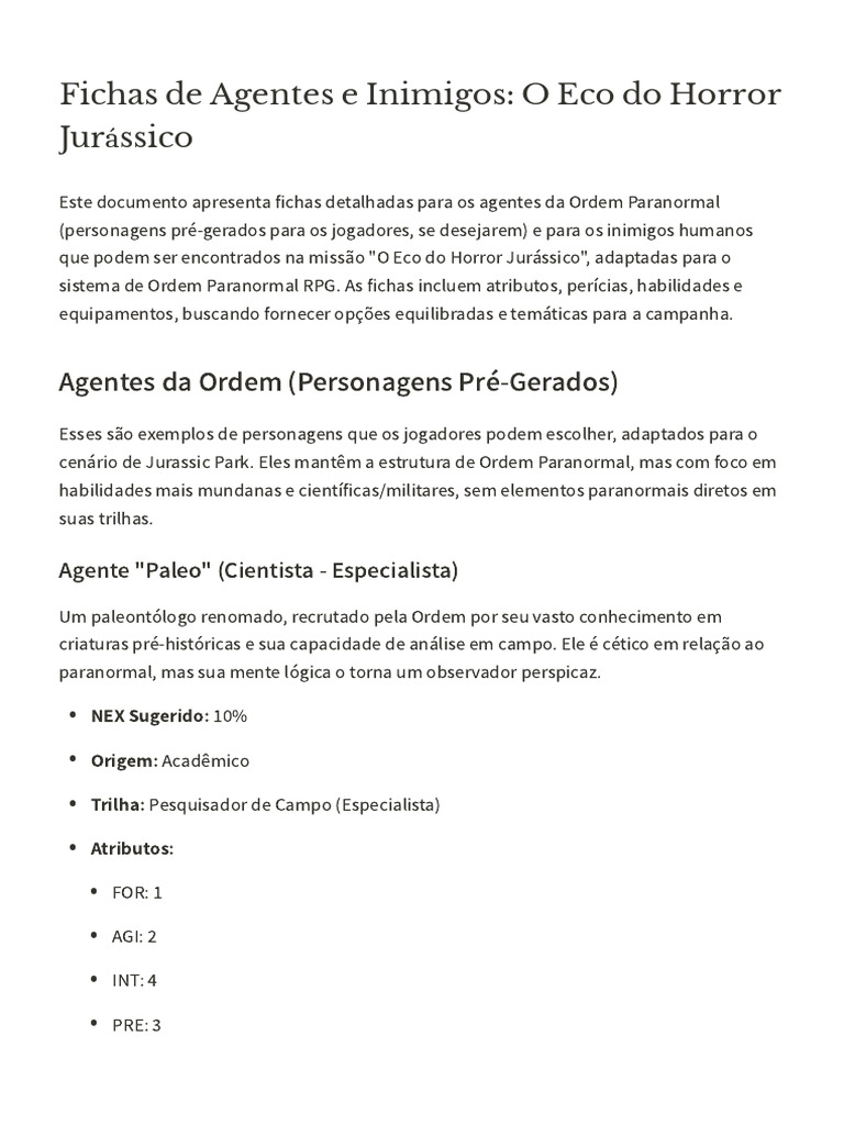 Fichas de Agentes e Inimigos O Eco Do Horror Jurássico | PDF ...