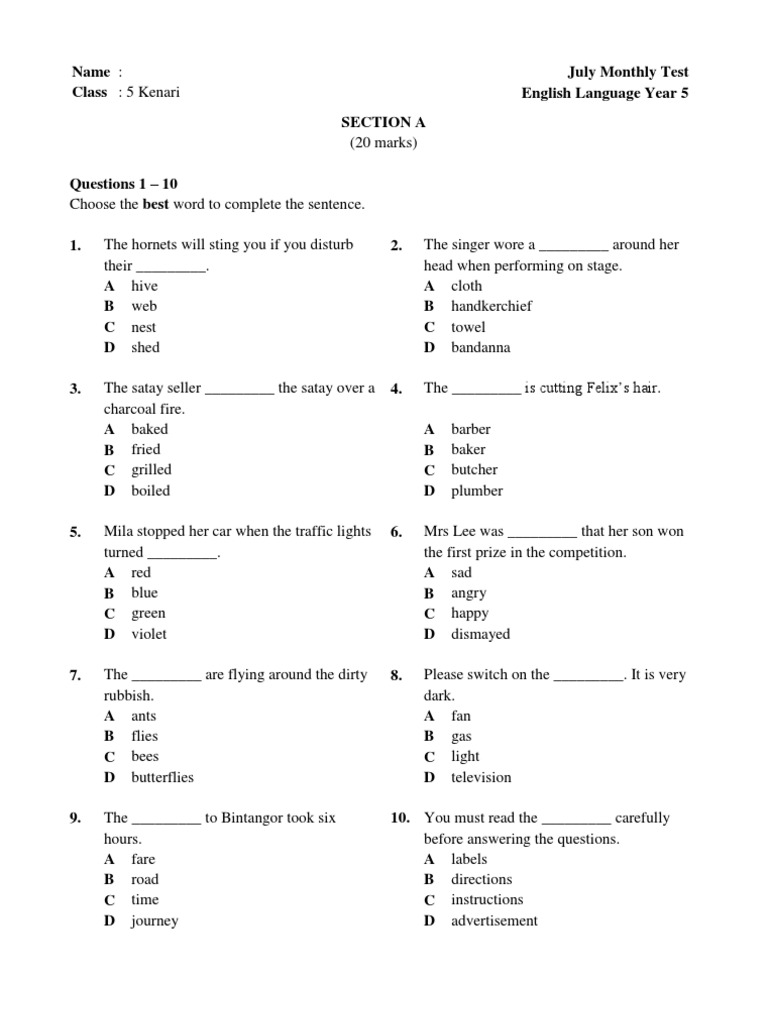 July Monthly Test English Year 5 | Agriculture | Leisure