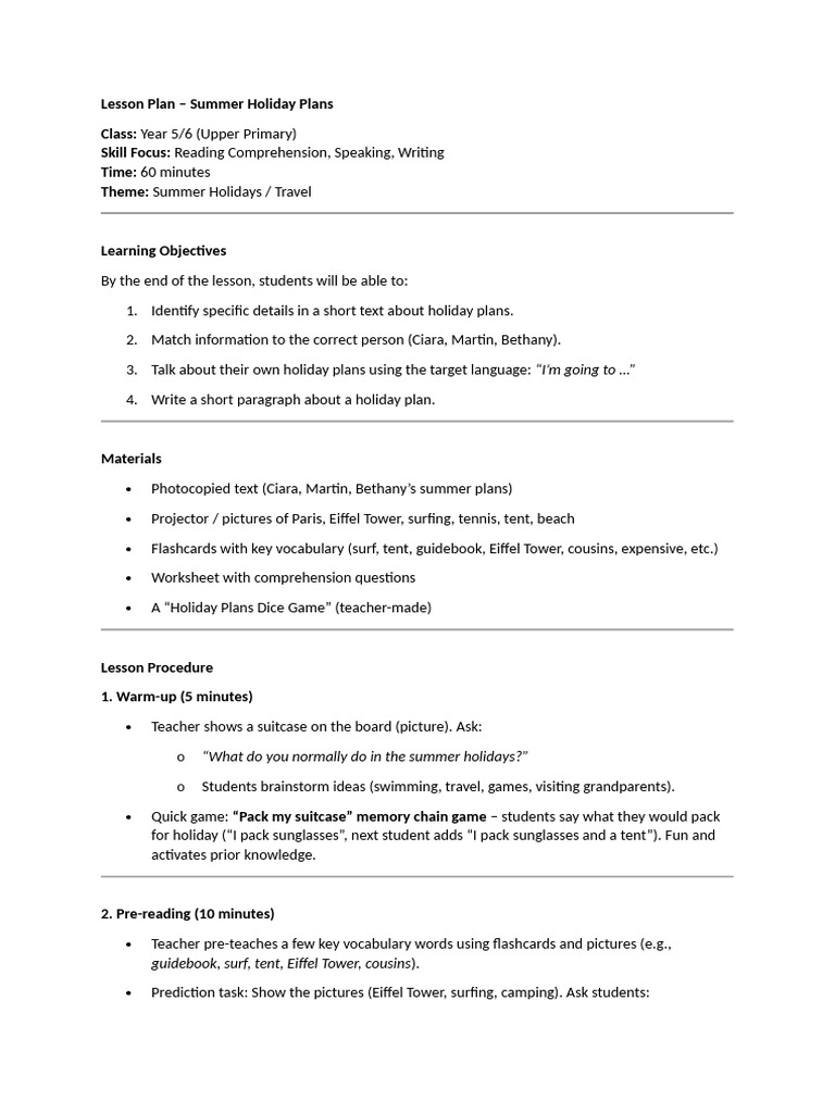 Y5 Lesson Plan - Summer Holiday Plans | PDF