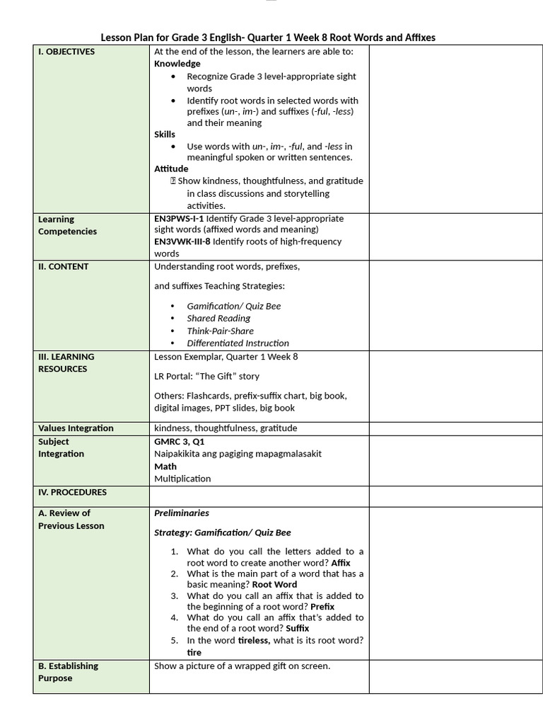 Grade 3 Lesson Plan Root Words Affixes q1 Week 8 | PDF | Word | Cognition
