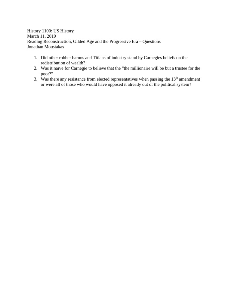 Reading Reconstruction, Gilded Age and The Progressive Era - Questions ...