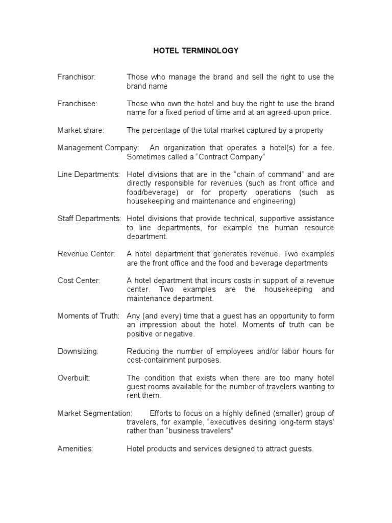 Hotel Terminology | PDF | Expense | Franchising