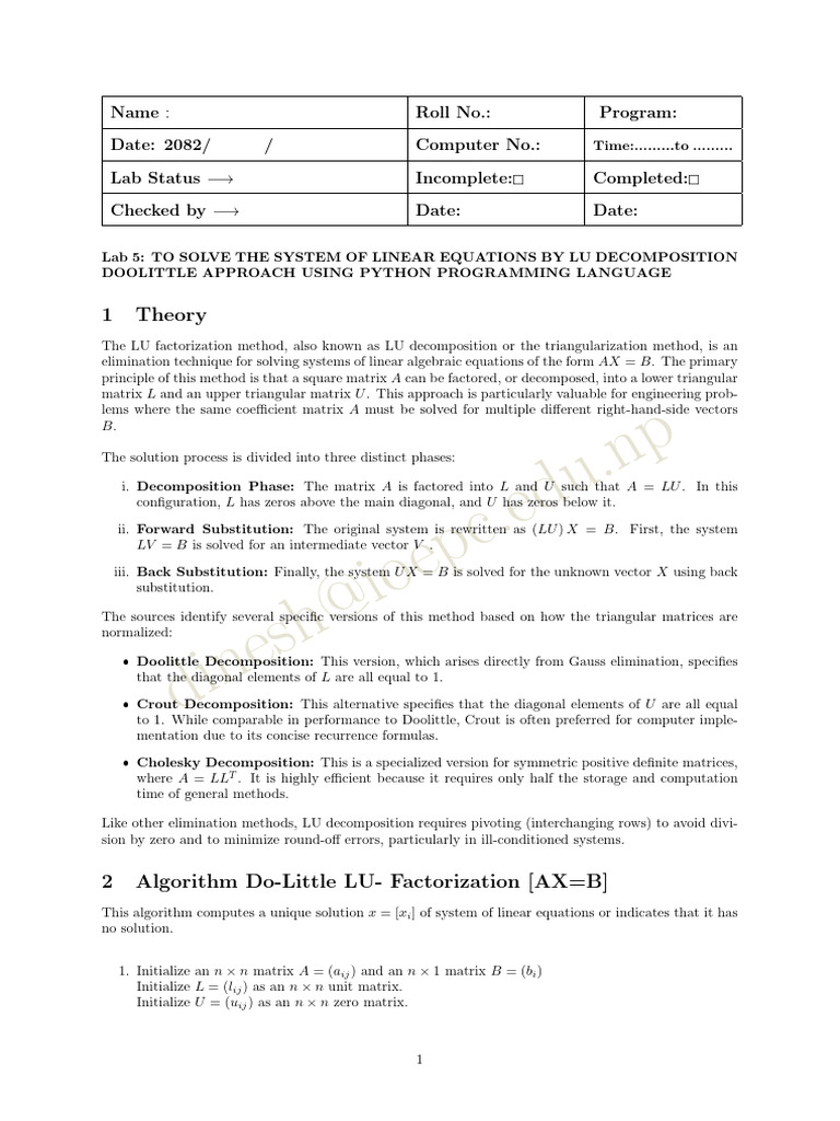 Lab 5 LU Factorisation | PDF | Matrix (Mathematics) | Mathematical Analysis