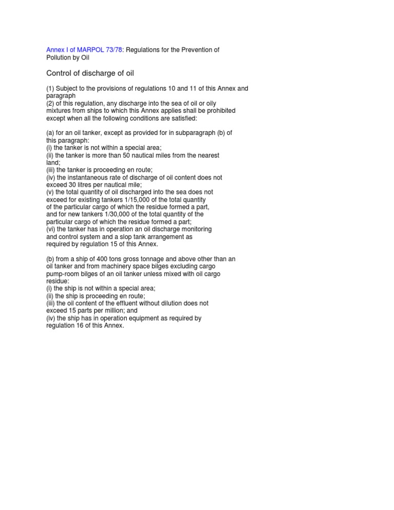 MARPOL Annex I: Oil Discharge Regulations | PDF