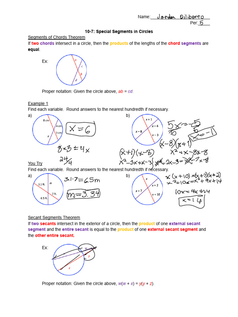 10-7 - Special Segments in Circles GN | PDF