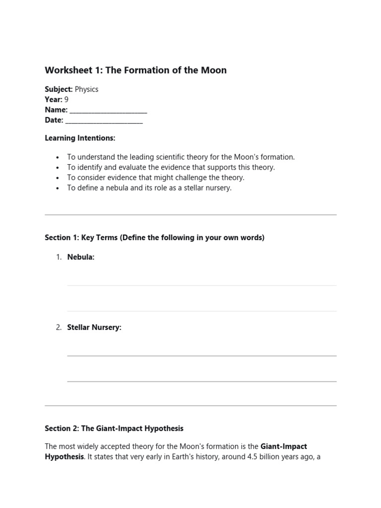 Formation of Moon Worksheet (Year 9) | PDF | Giant Impact Hypothesis ...