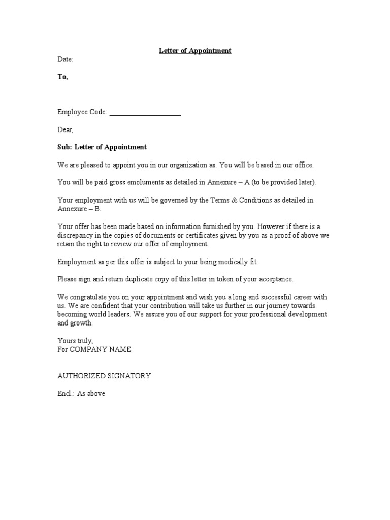 Appointment Letter - Blank 108 | PDF | Contractual Term | Employment