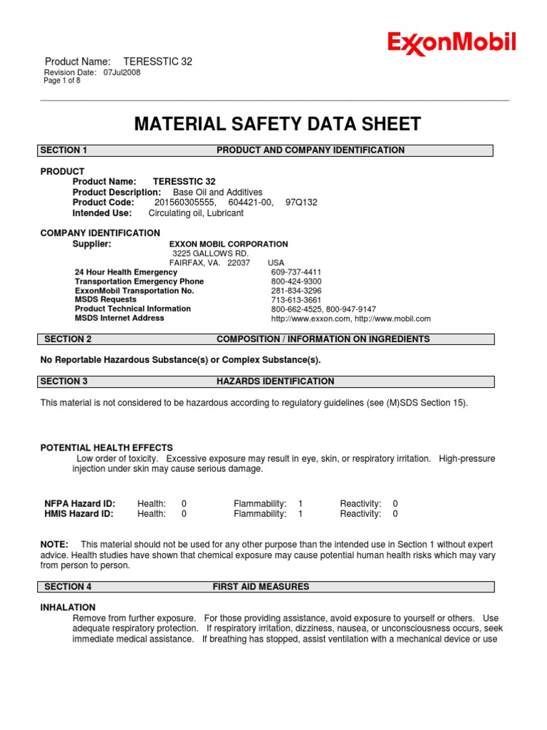MSDS Teresstic 32 | PDF | Firefighting | Hazardous Waste
