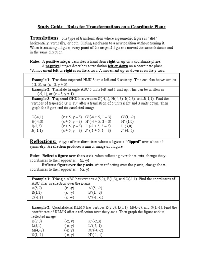 Transformations Study Guide Pdf Cartesian Coordinate System