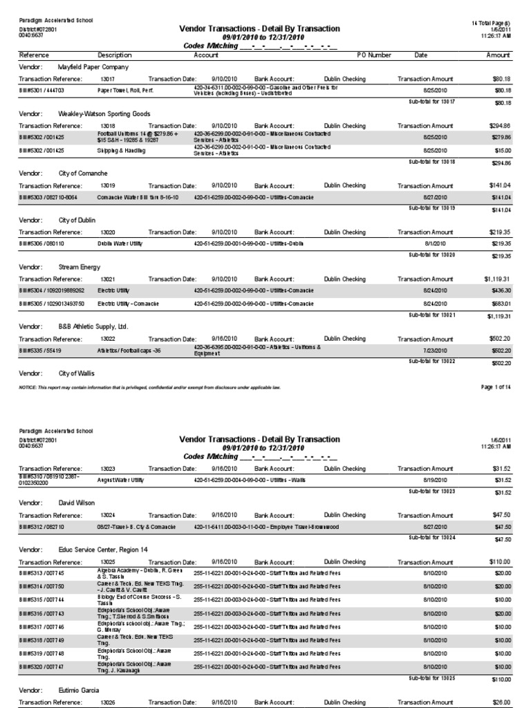 Vendor Transactions - Detail by Transaction: 09/01/2010 To 12/31/2010 ...