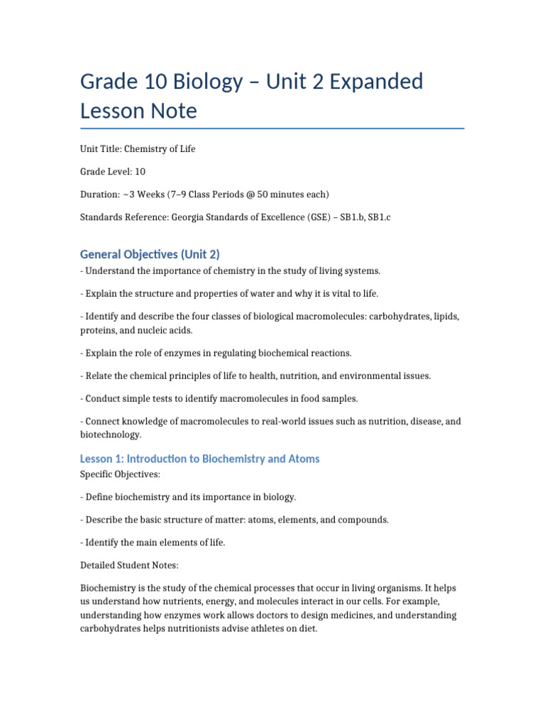 Grade10 Biology Unit2 Lesson Note | PDF | Biochemistry | Chemistry