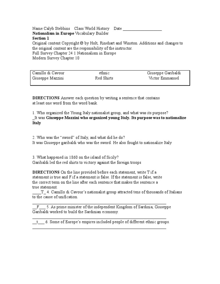 Italian Unification Vocabulary Builder | PDF | Italy | Europe Travel