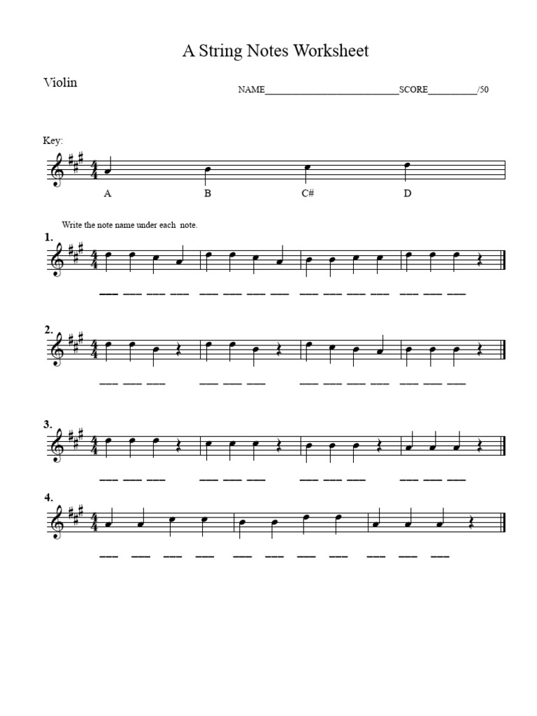 A String Worksheet - Violin | PDF