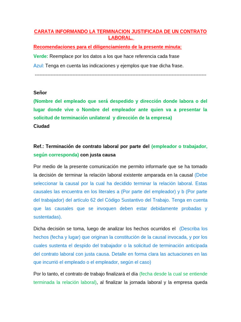 Carata Informando La Terminacion Justificada de Un Contrato Laboral. | PDF