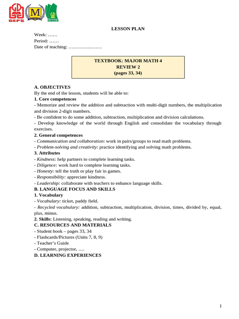 Bản sao của Major Math 4 - Review 2 | PDF | Teachers | Vocabulary