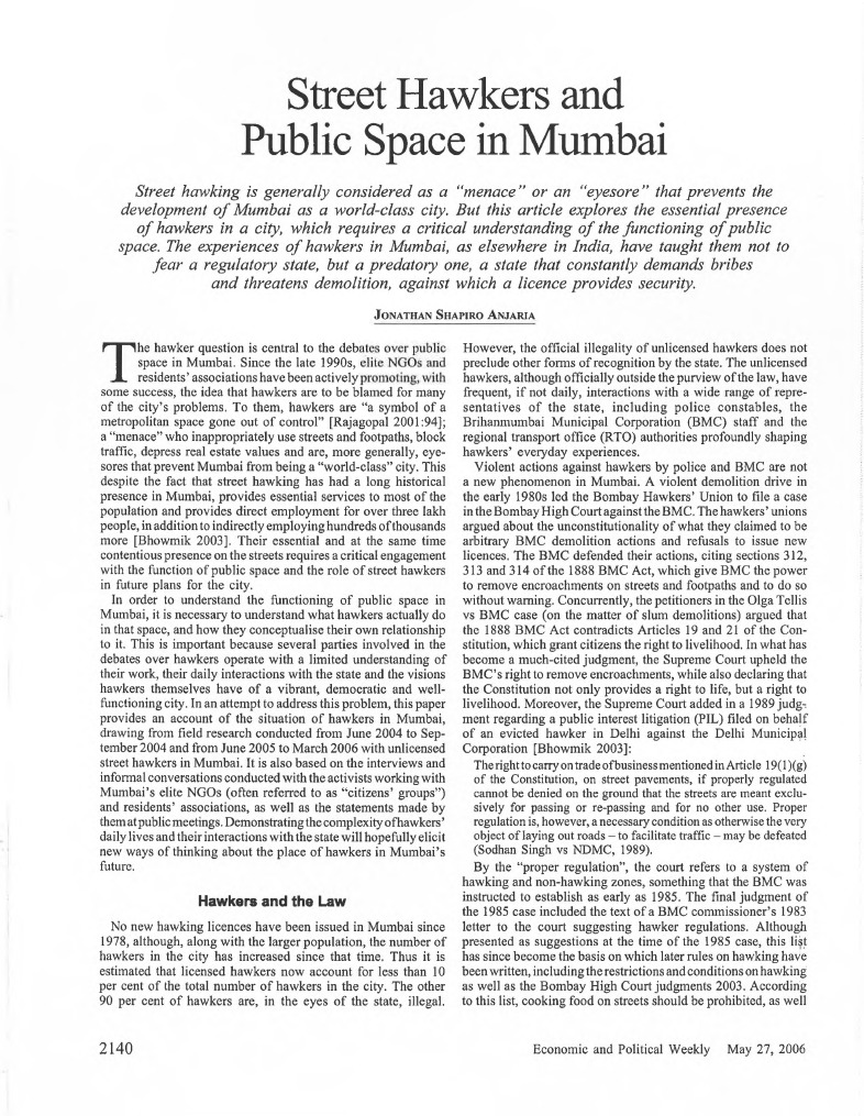 Street Hawkers and Public Space in Mumbai by Jonathan Shapiro Anjaria | PDF