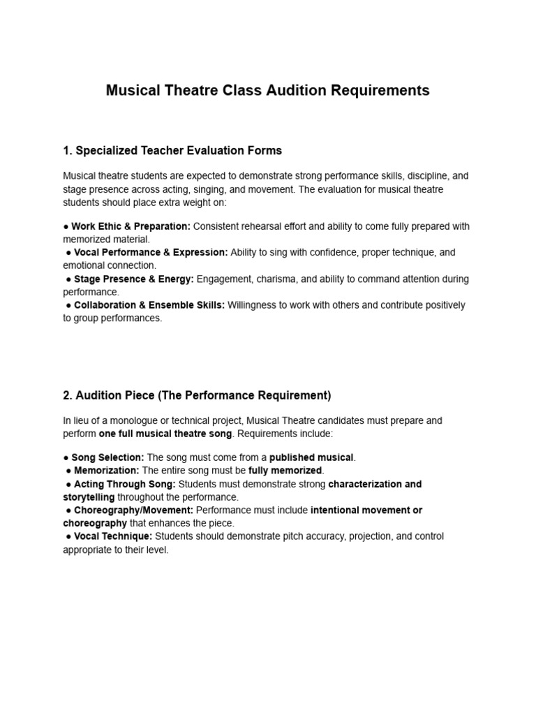 Musical Theatre Class Audition Requirements | PDF