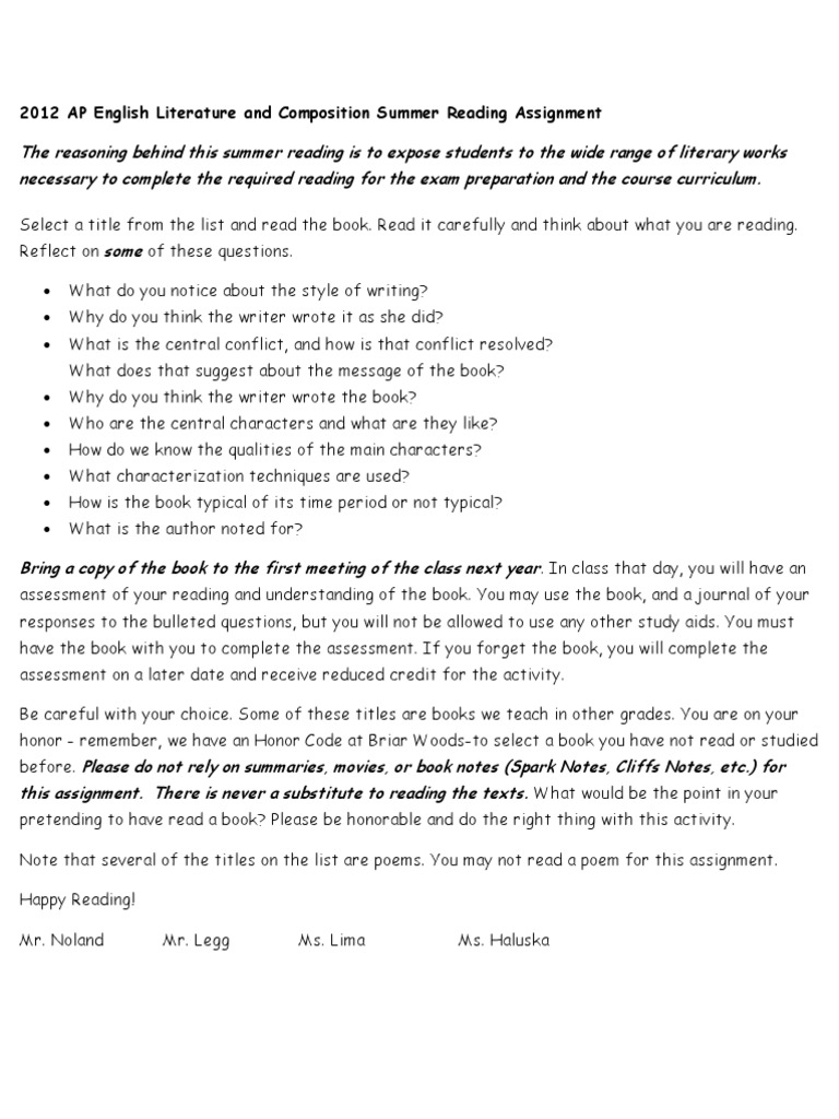 2012 AP Lit Summer Reading Assignment | PDF | English Language ...