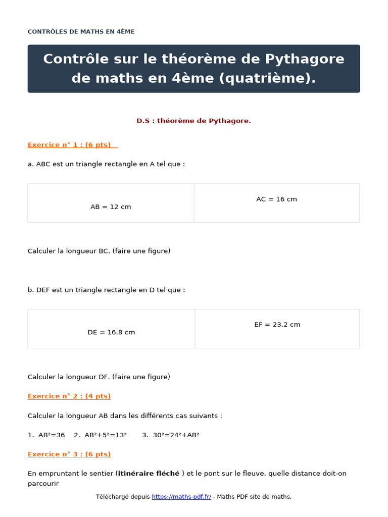 Controle Sur Le Theoreme de Pythagore de Maths en 4eme Quatrieme ...