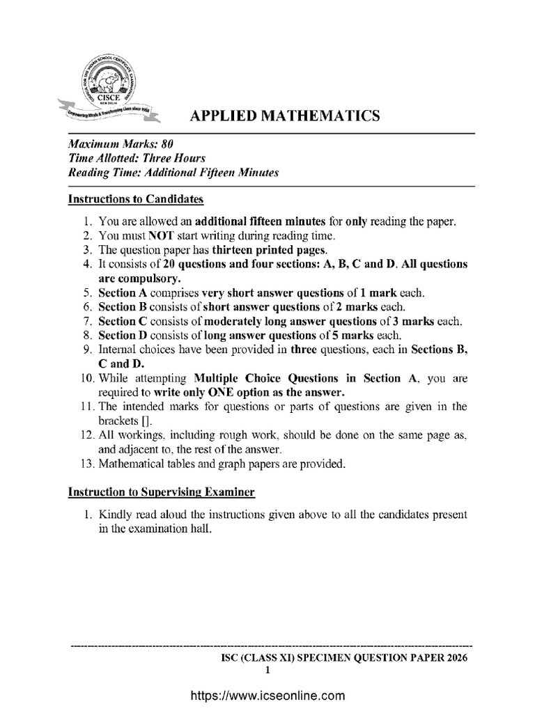 Isc Class 11 Specimen Applied Mathematics 885 2026 | PDF