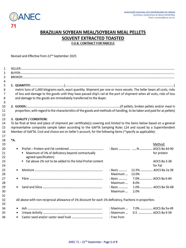 ANEC 71 - 2025 II - Brazilian Soybean Meal or Pellets FOB Parcels | PDF