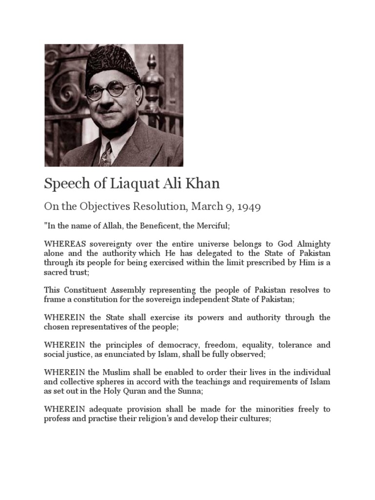 Speech of Liaquat Ali Khan on the Objectives Resolution March 9 1949 ...