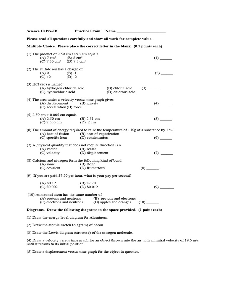 Science 10 Pre-ib Practice Exam Template.docx | PDF