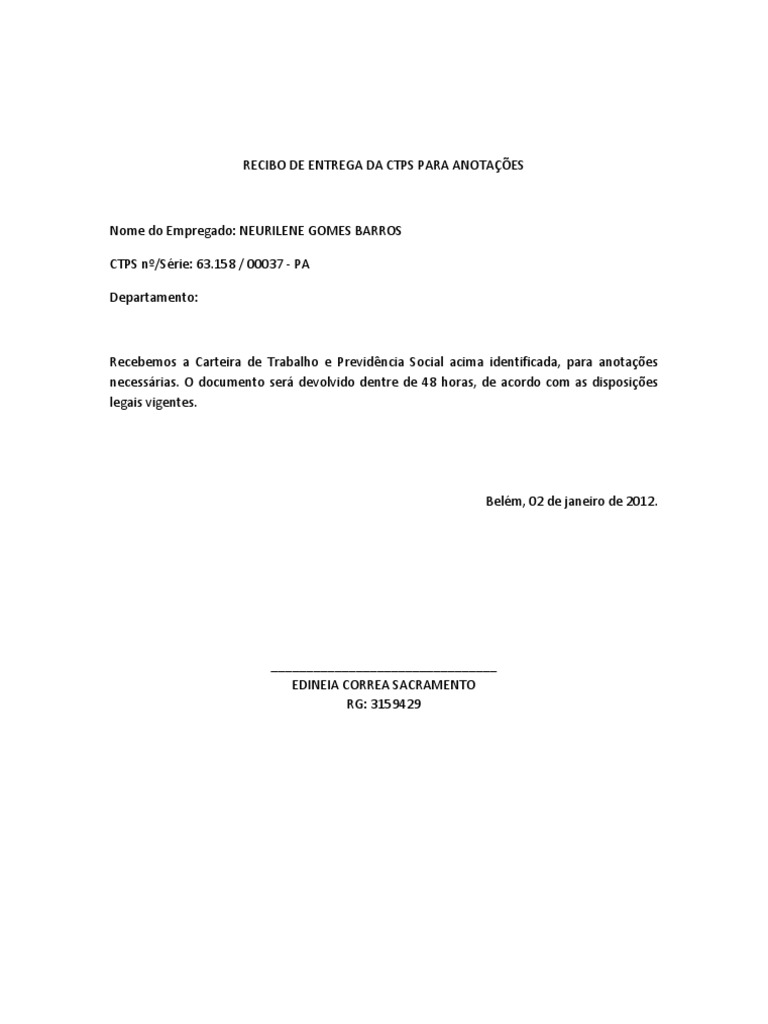 Modelo Recibo De Entrega De Ctps