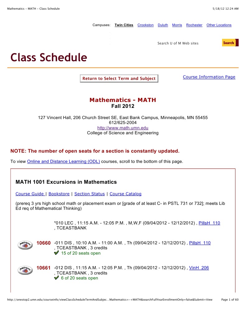 Class Schedule: Mathematics - MATH | PDF | Teaching Mathematics ...