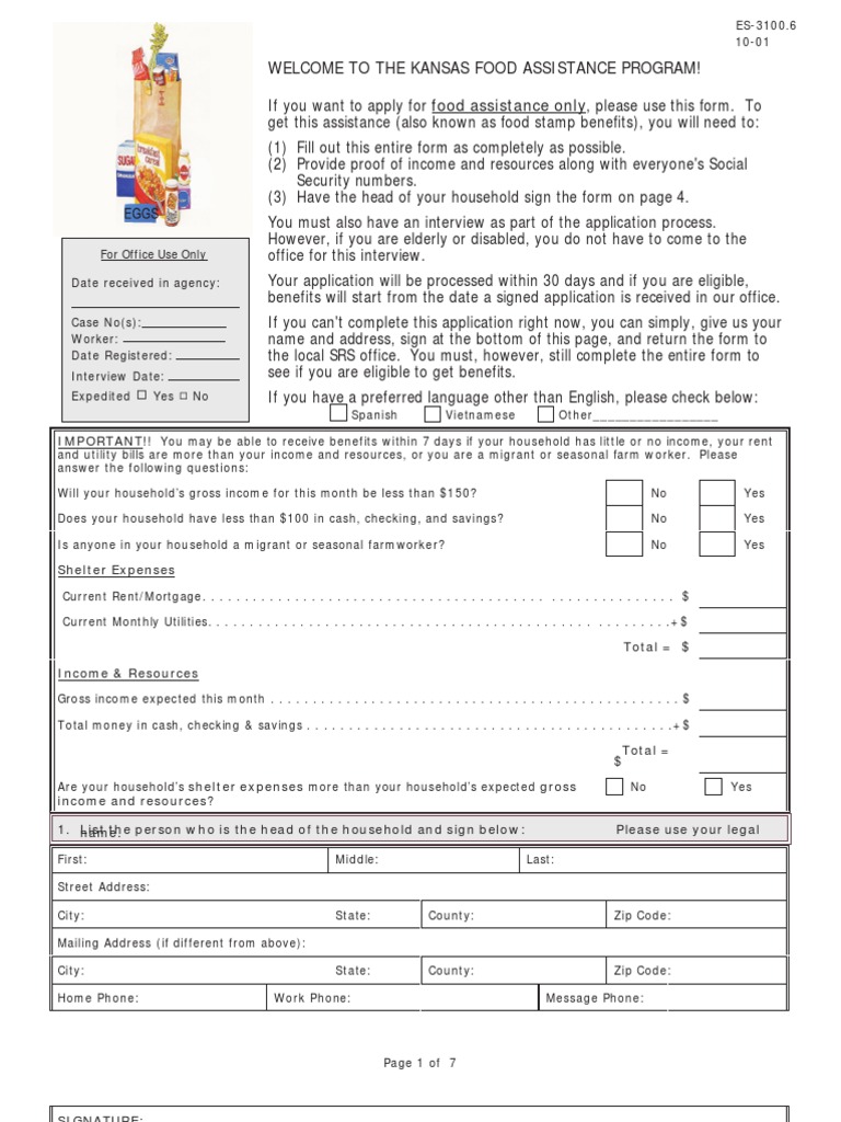 Welcome To The Kansas Food Assistance Program!: For Office Use Only ...