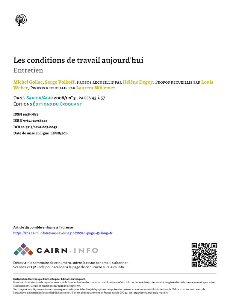 Gollac 2008 Les Conditions de Travail Aujourdhui | PDF